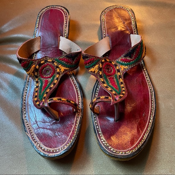 Vintage | Shoes | Handmade Indian Boho Leather Sandals W Mirror | Poshmark